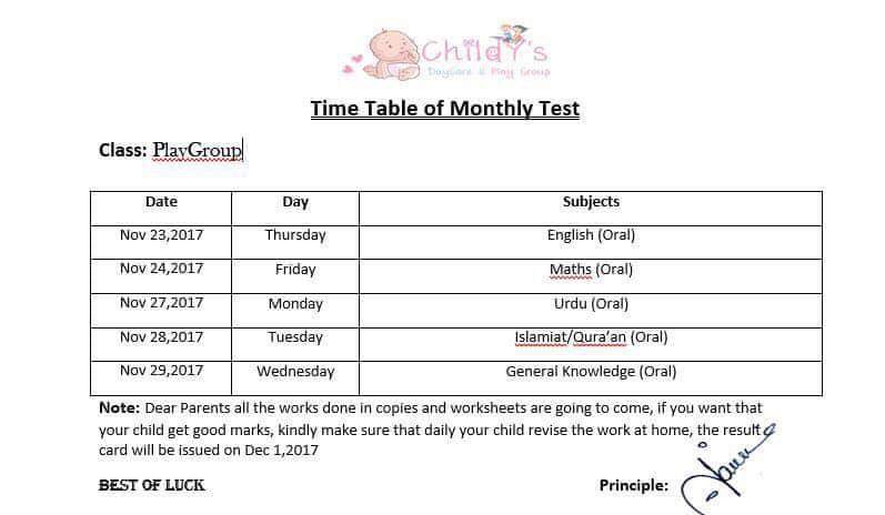 MONTHLY TEST TIME TABLE AND RESULT ANNOUNCEMENT DATE - Childy's - The ...